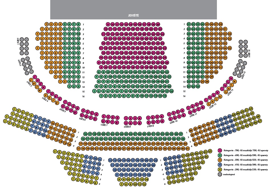 Hudební divadlo Karlín - Plánek hlediště Addams Family, Lucie a Aida